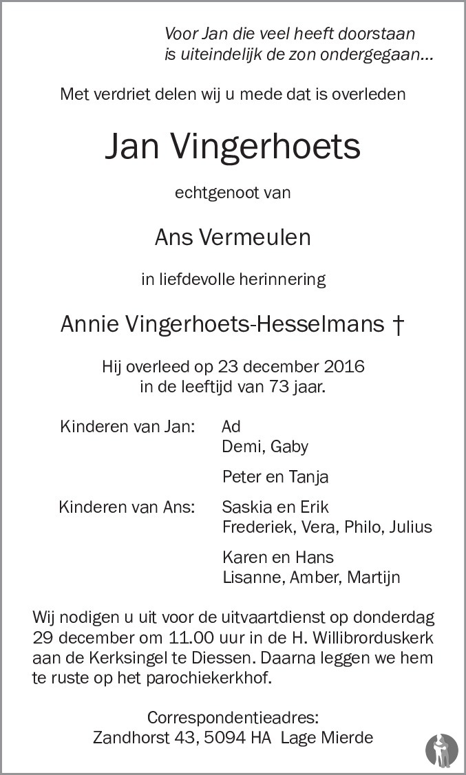 Jan Vingerhoets 23-12-2016 overlijdensbericht en condoleances ...