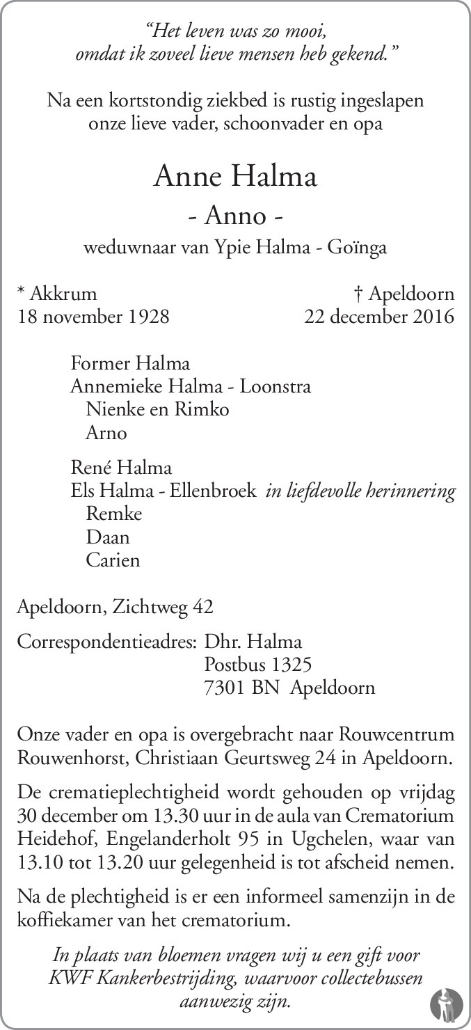 Anne (Anno) Halma 22-12-2016 overlijdensbericht en condoleances ...