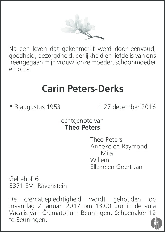 Carin Peters - Derks 27-12-2016 overlijdensbericht en condoleances ...