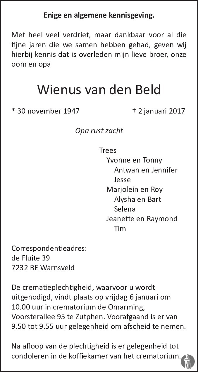 Wienus van den Beld 02-01-2017 overlijdensbericht en condoleances ...