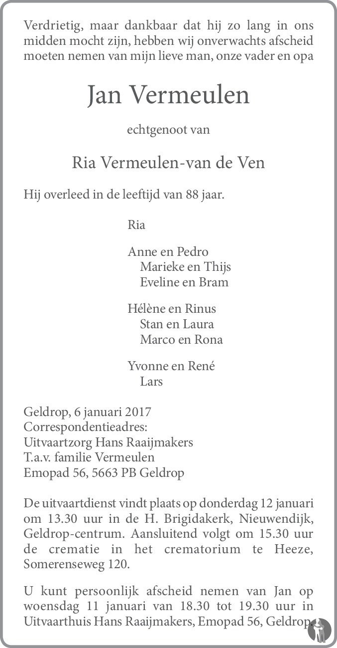 Jan Vermeulen 06-01-2017 overlijdensbericht en condoleances - Mensenlinq.nl