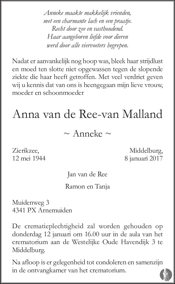 Anna (Anneke) van de Ree - van Malland 08-01-2017 overlijdensbericht en ...