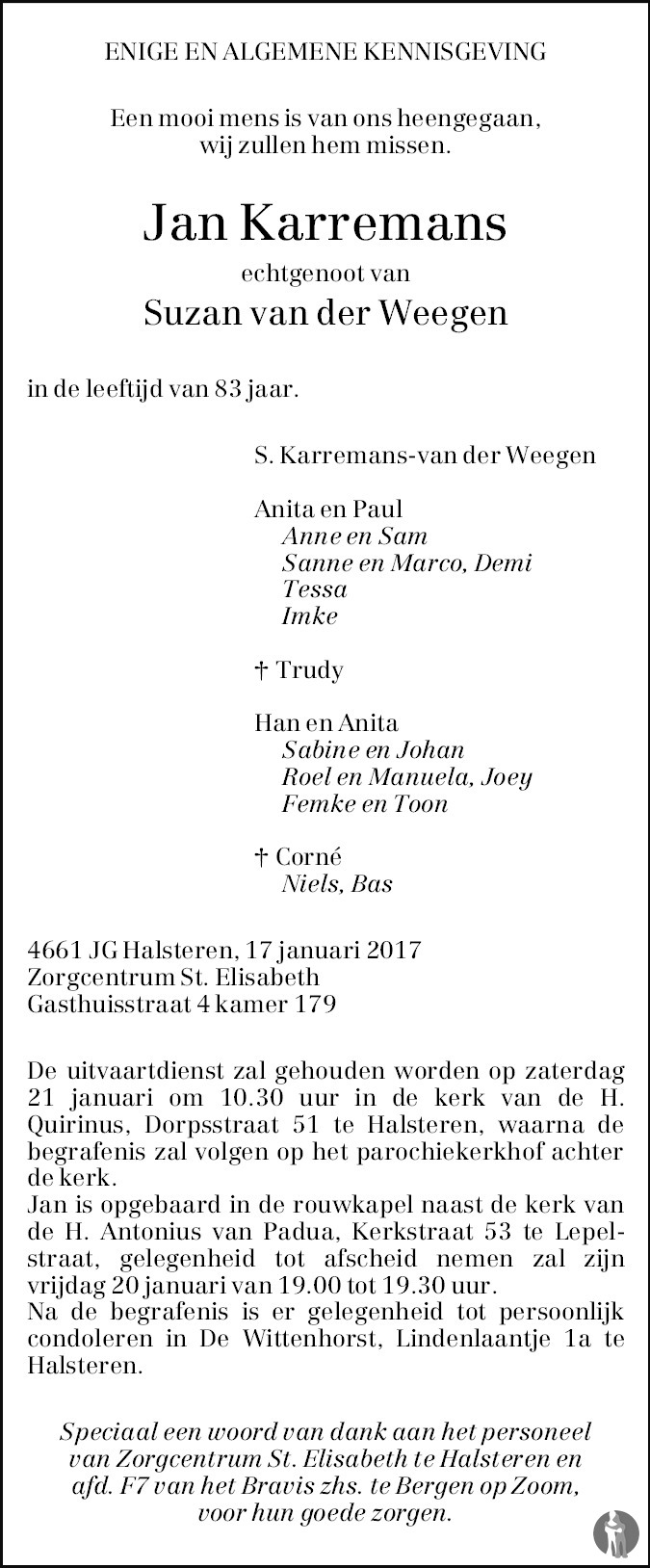 Jan Karremans 17 01 2017 Overlijdensbericht En Condoleances Mensenlinq Nl