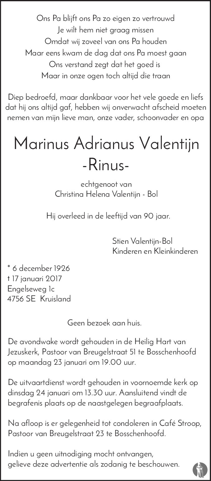 Marinus Adrianus (Rinus) Valentijn 17-01-2017 overlijdensbericht en ...