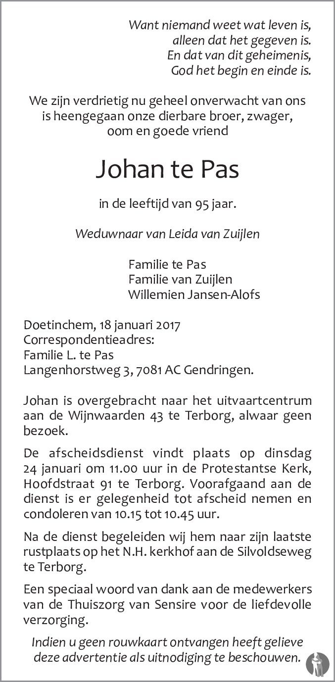Johan te Pas 18-01-2017 overlijdensbericht en condoleances - Mensenlinq.nl