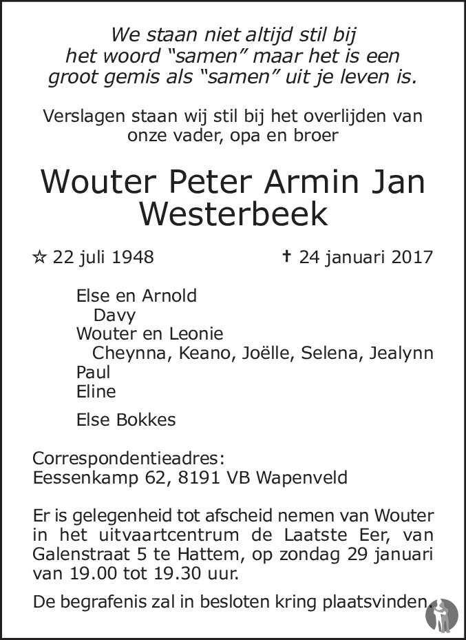 Wouter Peter Armin Jan Westerbeek 24-01-2017 overlijdensbericht en ...