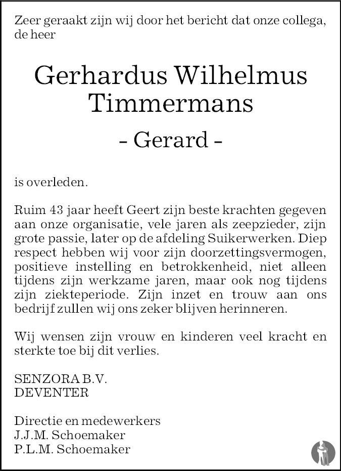 Gerhardus Wilhelmus (Gerard) Timmermans 27-01-2017 overlijdensbericht ...