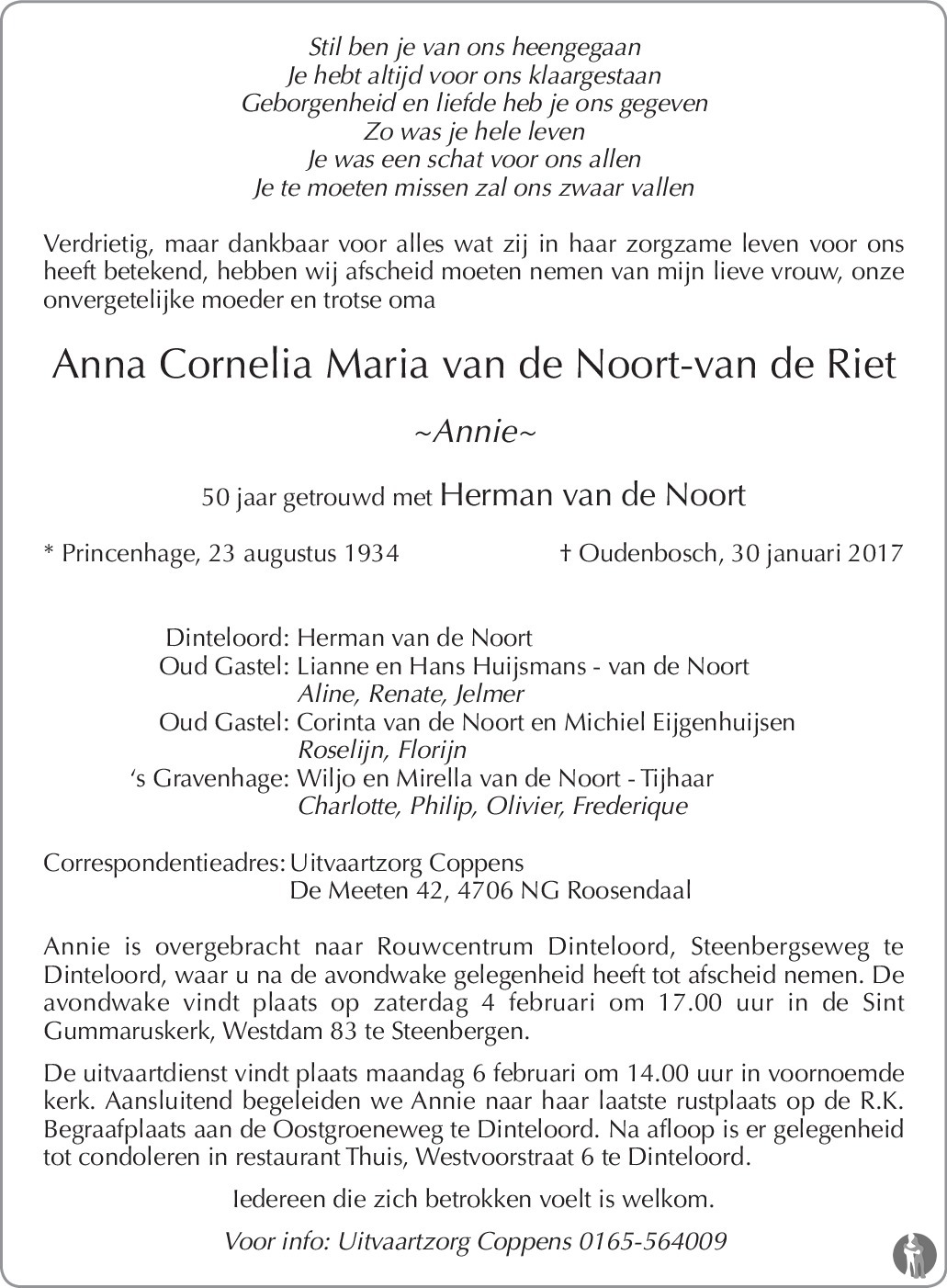 Anna Cornelia Maria (Annie) van de Noort - van de Riet 30-01-2017 ...