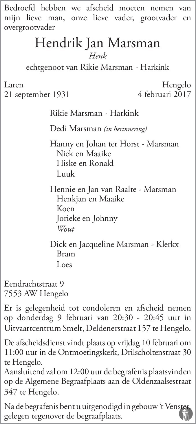 Hendrik Jan (Henk) Marsman 04-02-2017 overlijdensbericht en ...