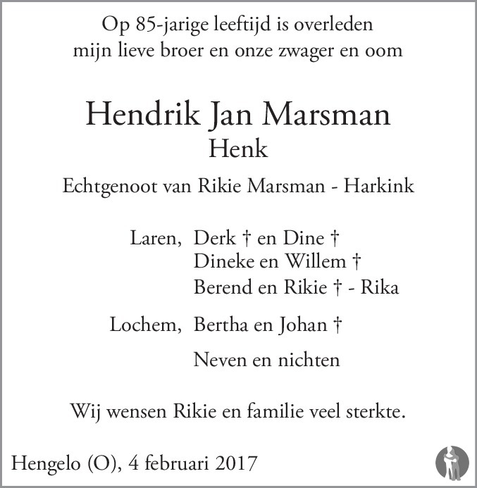 Hendrik Jan (Henk) Marsman 04-02-2017 overlijdensbericht en ...