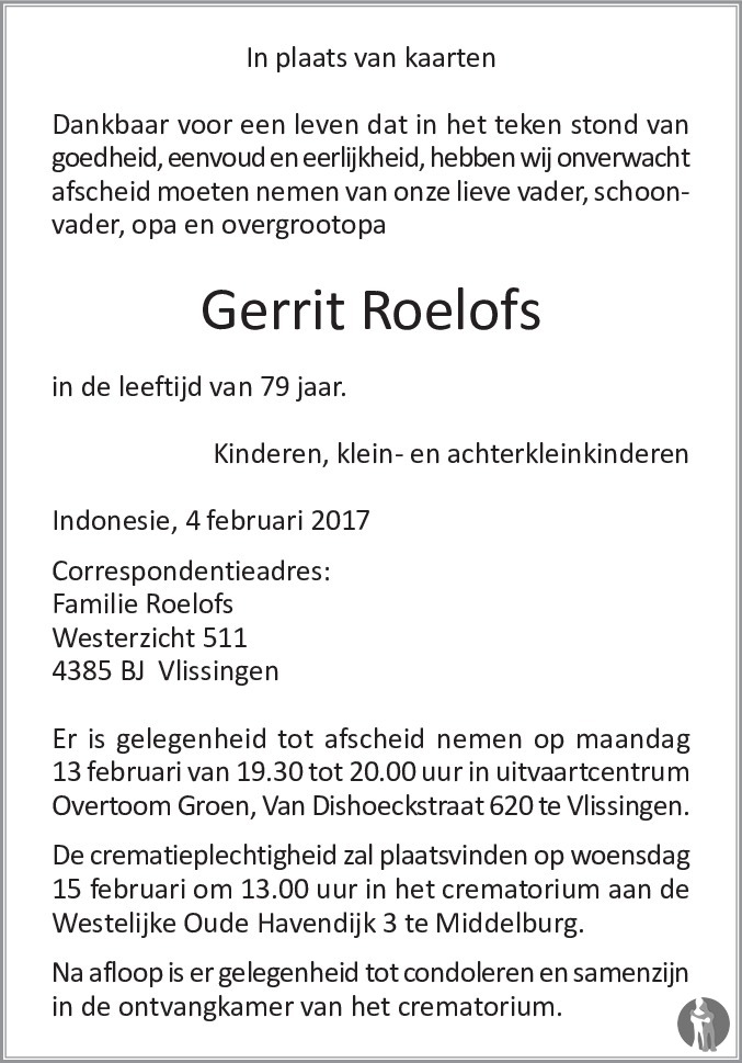 Gerrit Roelofs 04-02-2017 overlijdensbericht en condoleances - Mensenlinq.nl