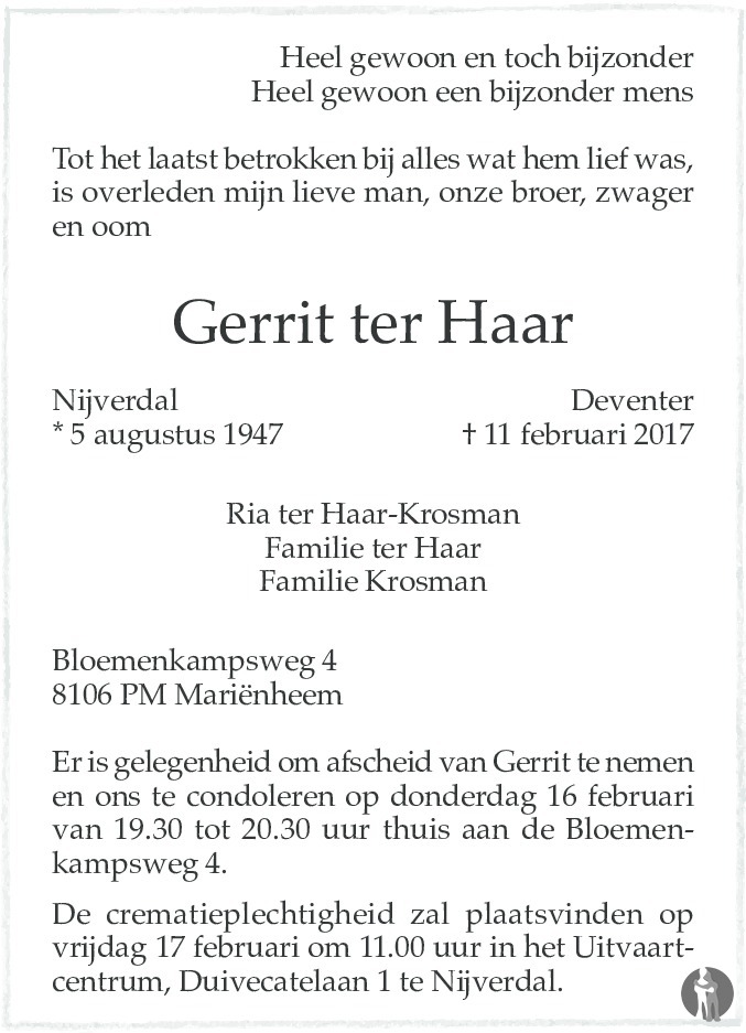 Gerrit ter Haar 11-02-2017 overlijdensbericht en condoleances ...