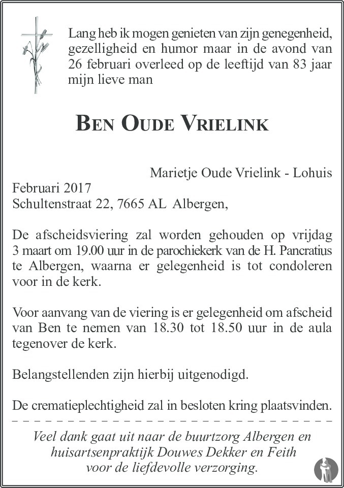 Ben Oude Vrielink 26 02 2017 Overlijdensbericht En Condoleances