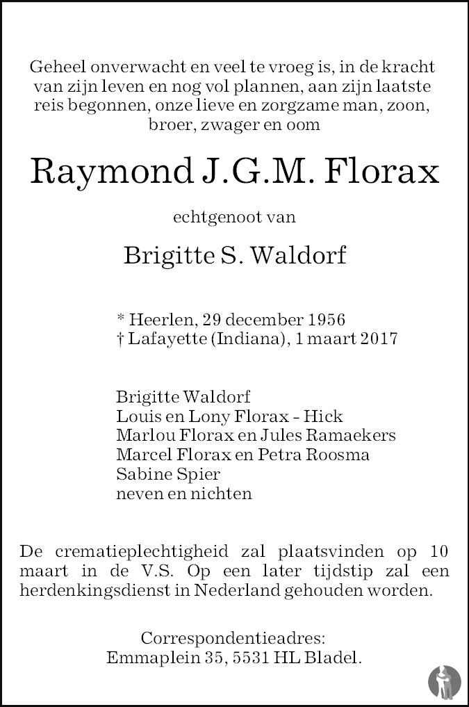 Raymond J.G.M. Florax 01-03-2017 overlijdensbericht en condoleances ...