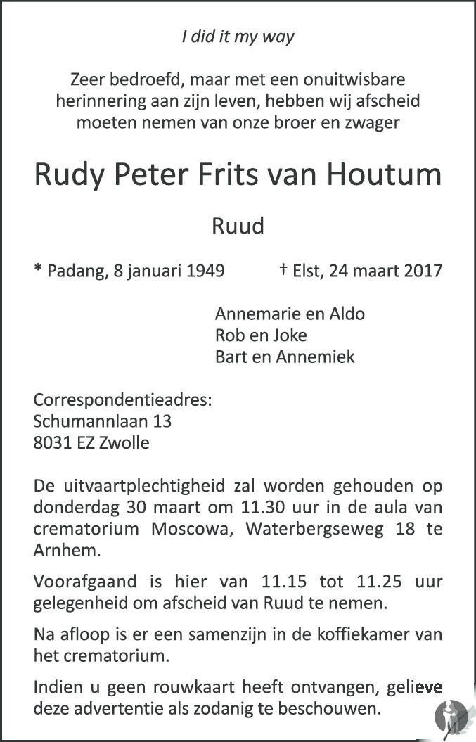 Rudy Peter Frits (Ruud) van Houtum 24-03-2017 overlijdensbericht en ...