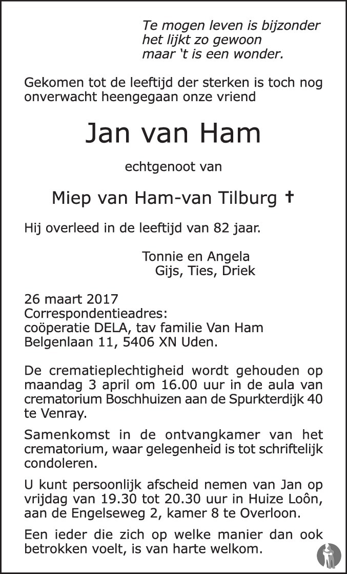 Jan van Ham 26-03-2017 overlijdensbericht en condoleances - Mensenlinq.nl