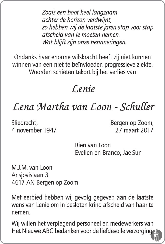 Lena Martha (Lenie) van Loon - Schuller 27-03-2017 overlijdensbericht ...