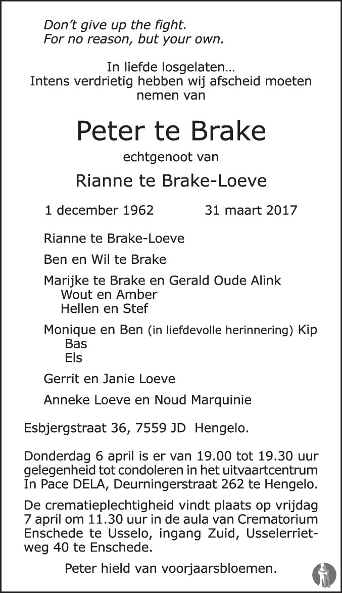 Peter te Brake 31-03-2017 overlijdensbericht en condoleances ...