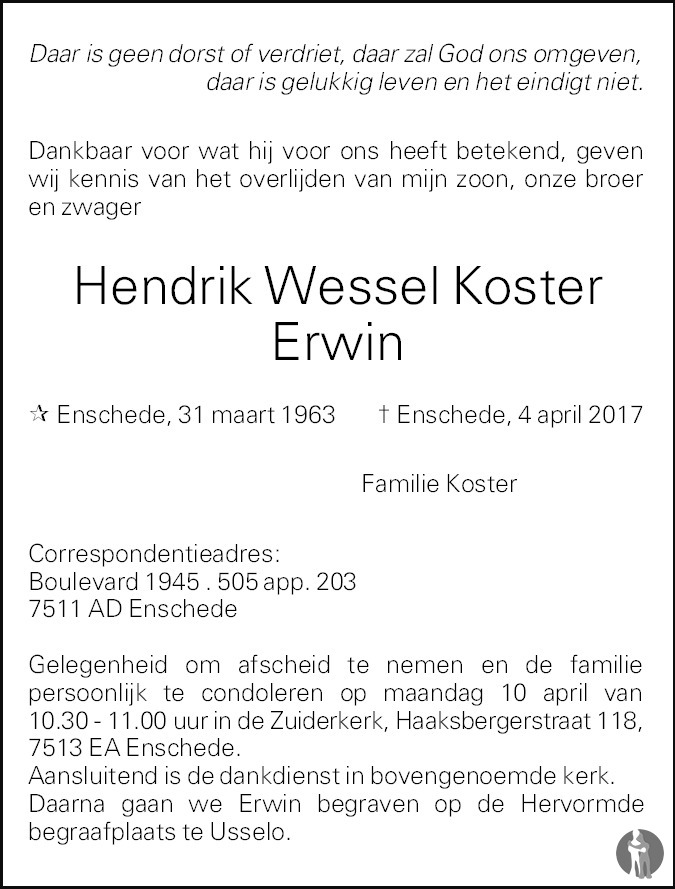 Hendrik Wessel (Erwin) Koster 04-04-2017 overlijdensbericht en ...
