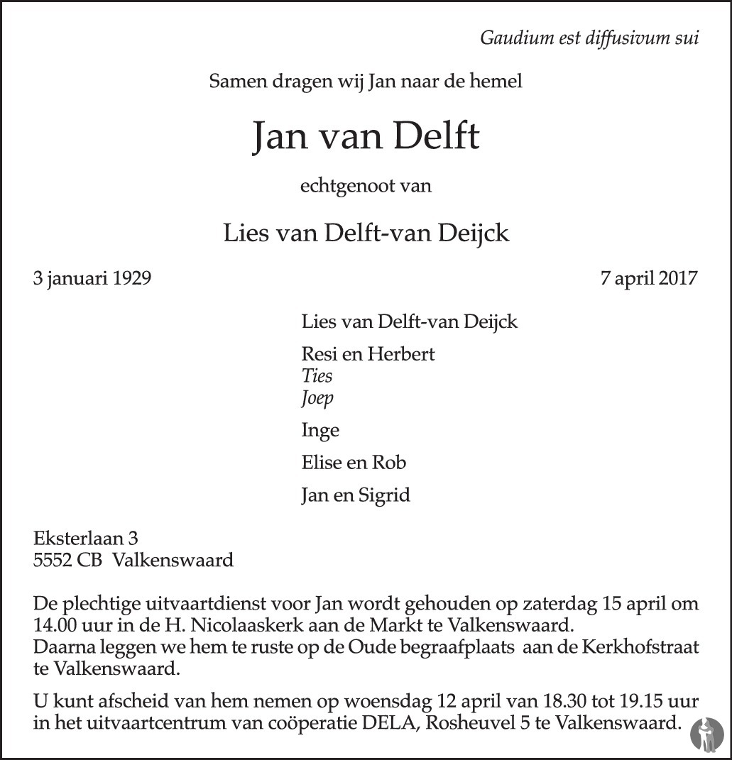 Jan van Delft 07-04-2017 overlijdensbericht en condoleances - Mensenlinq.nl