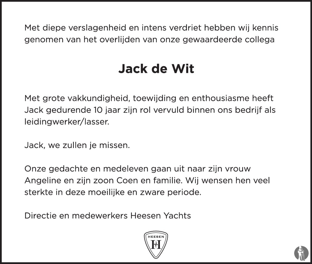 Jack de Wit 10-04-2017 overlijdensbericht en condoleances - Mensenlinq.nl