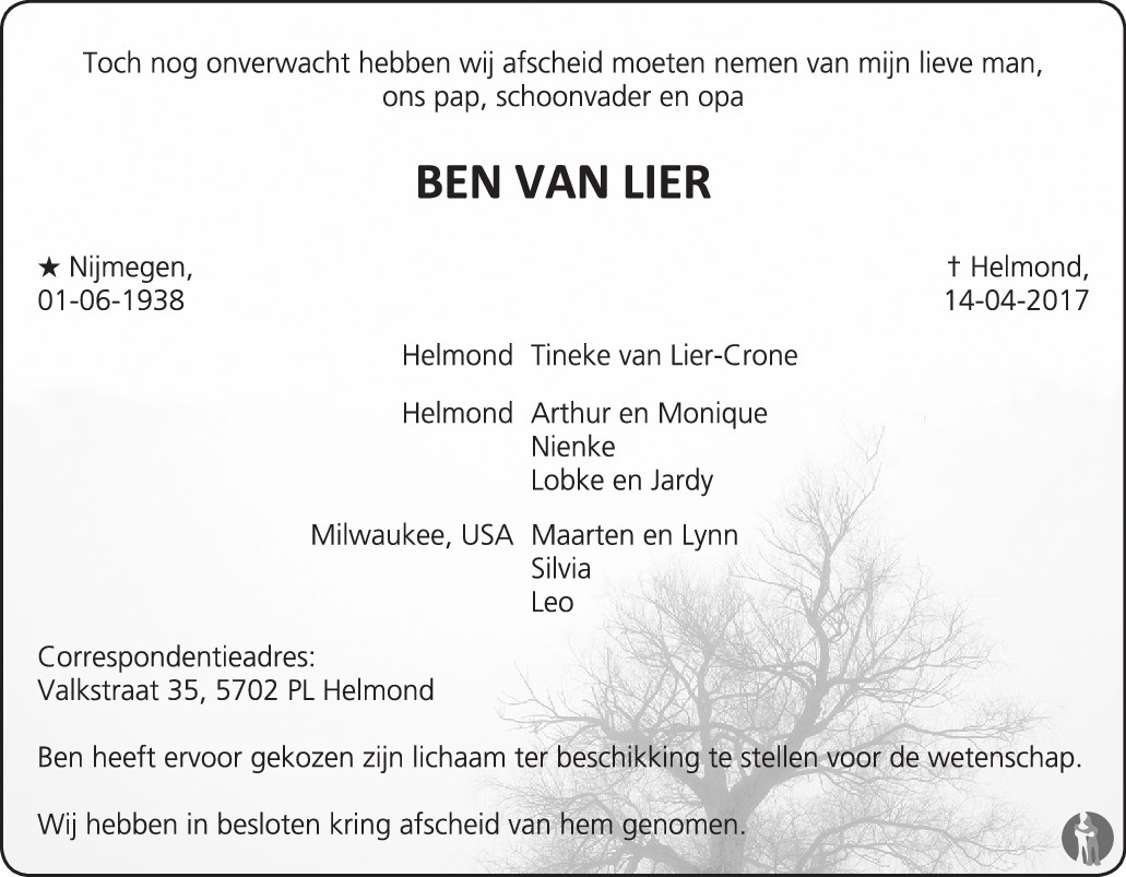 Ben van Lier 14-04-2017 overlijdensbericht en condoleances - Mensenlinq.nl