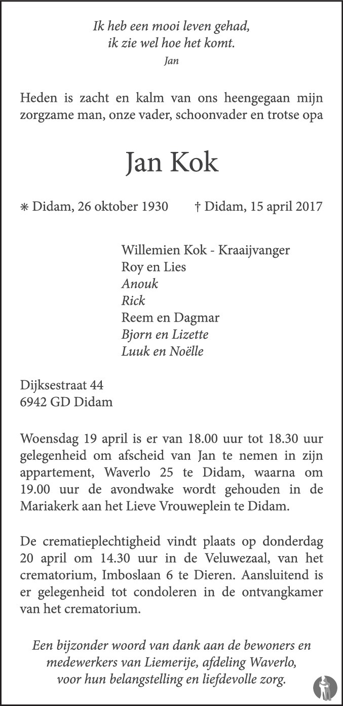 Jan Kok 15-04-2017 overlijdensbericht en condoleances - Mensenlinq.nl
