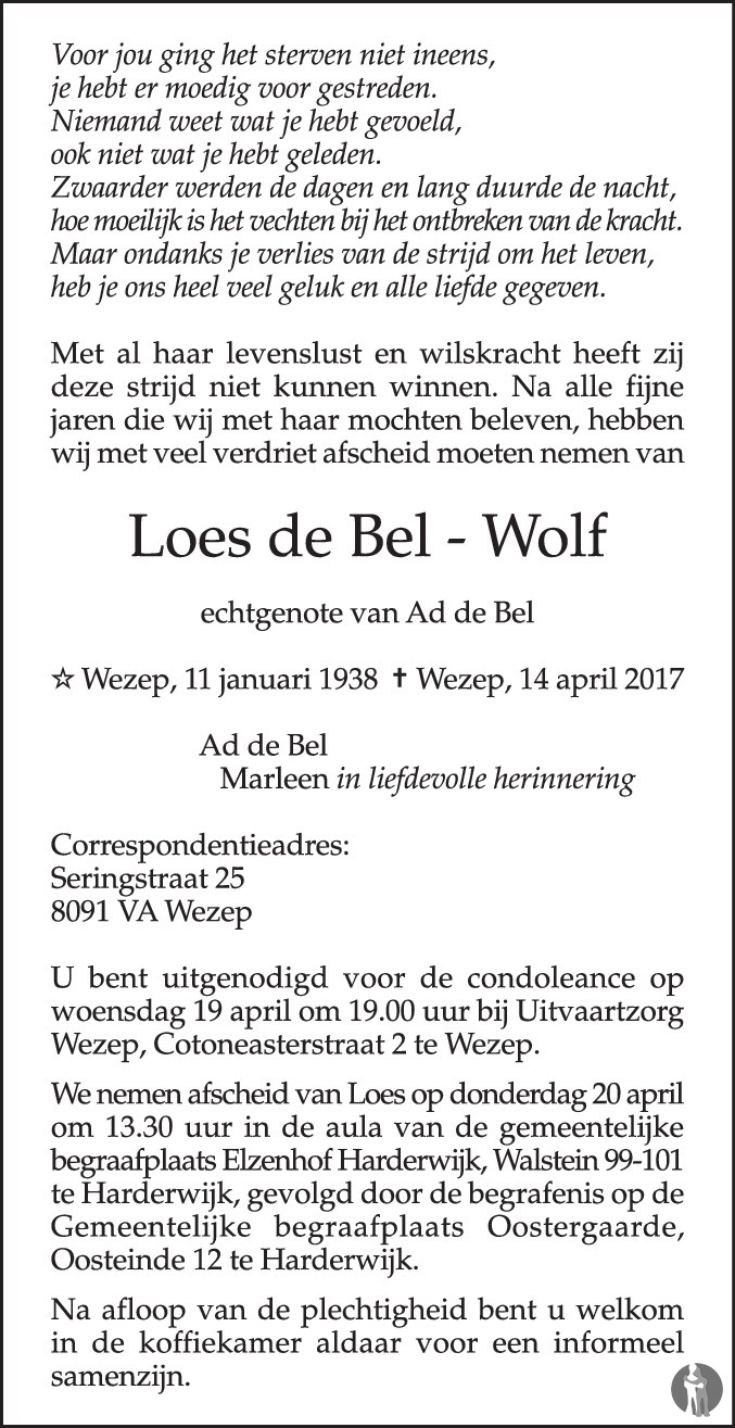 Loes de Bel - Wolf 14-04-2017 overlijdensbericht en condoleances ...