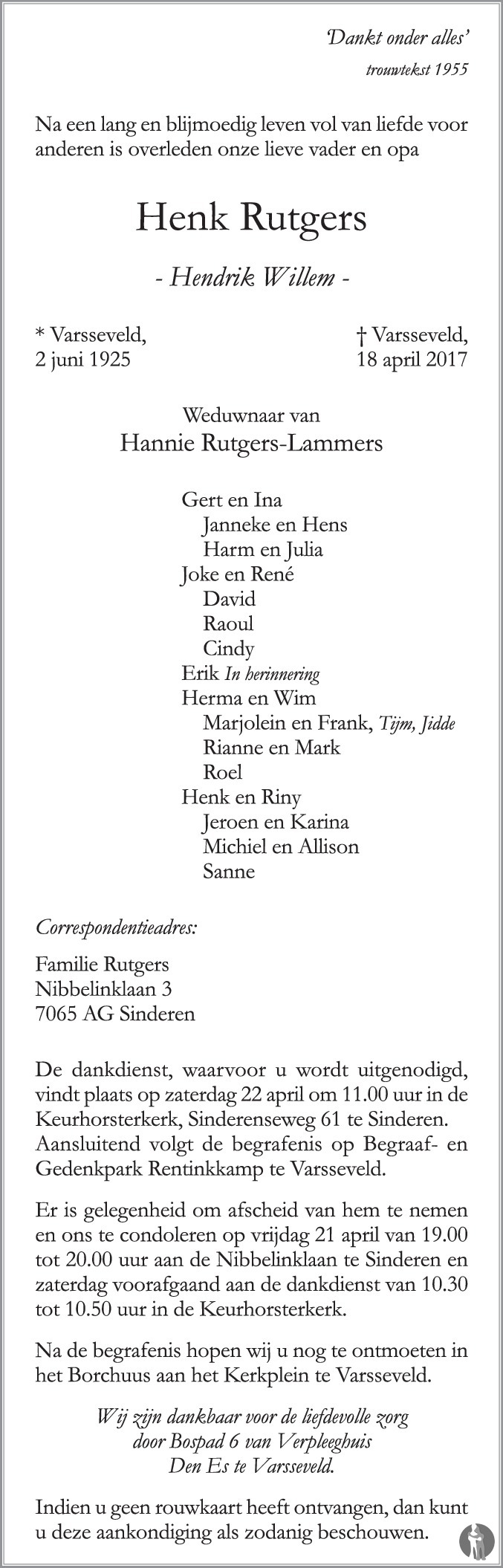 Hendrik Willem (Henk) Rutgers 18-04-2017 overlijdensbericht en ...