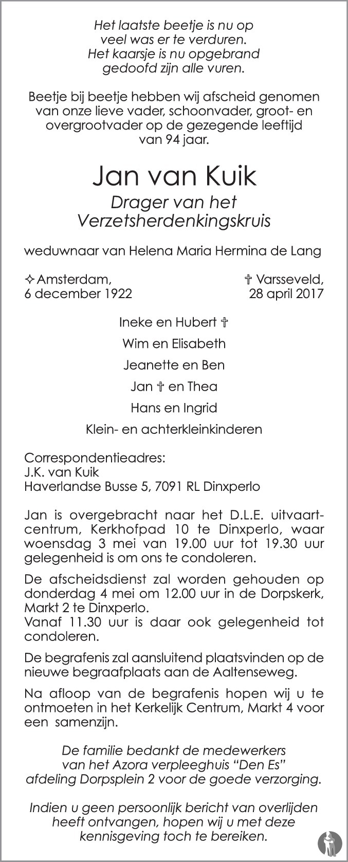 Jan van Kuik 28-04-2017 overlijdensbericht en condoleances - Mensenlinq.nl