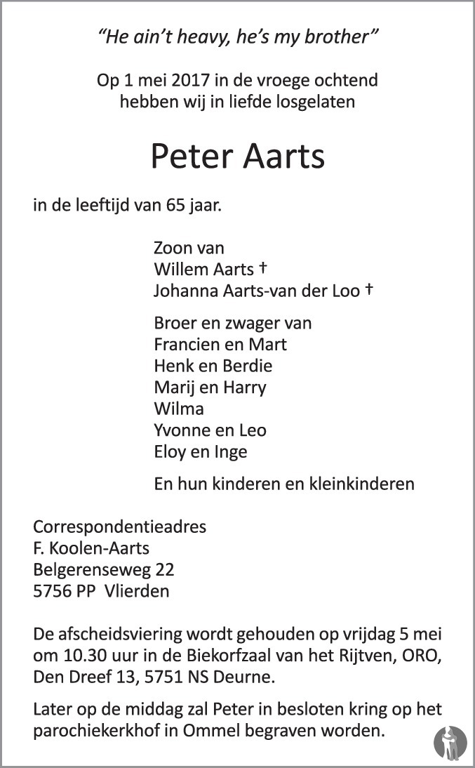 Peter Aarts 01-05-2017 overlijdensbericht en condoleances - Mensenlinq.nl