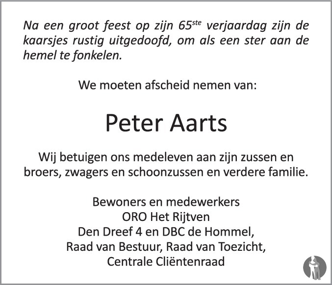 Peter Aarts 01-05-2017 overlijdensbericht en condoleances - Mensenlinq.nl