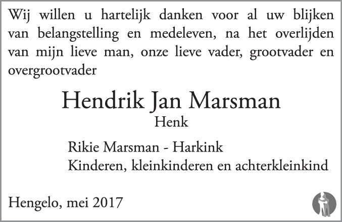 Hendrik Jan (Henk) Marsman 04-02-2017 overlijdensbericht en ...
