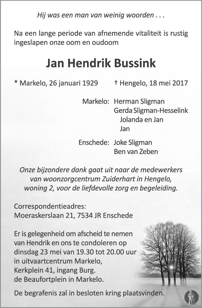 Jan Hendrik Bussink 18-05-2017 overlijdensbericht en condoleances ...