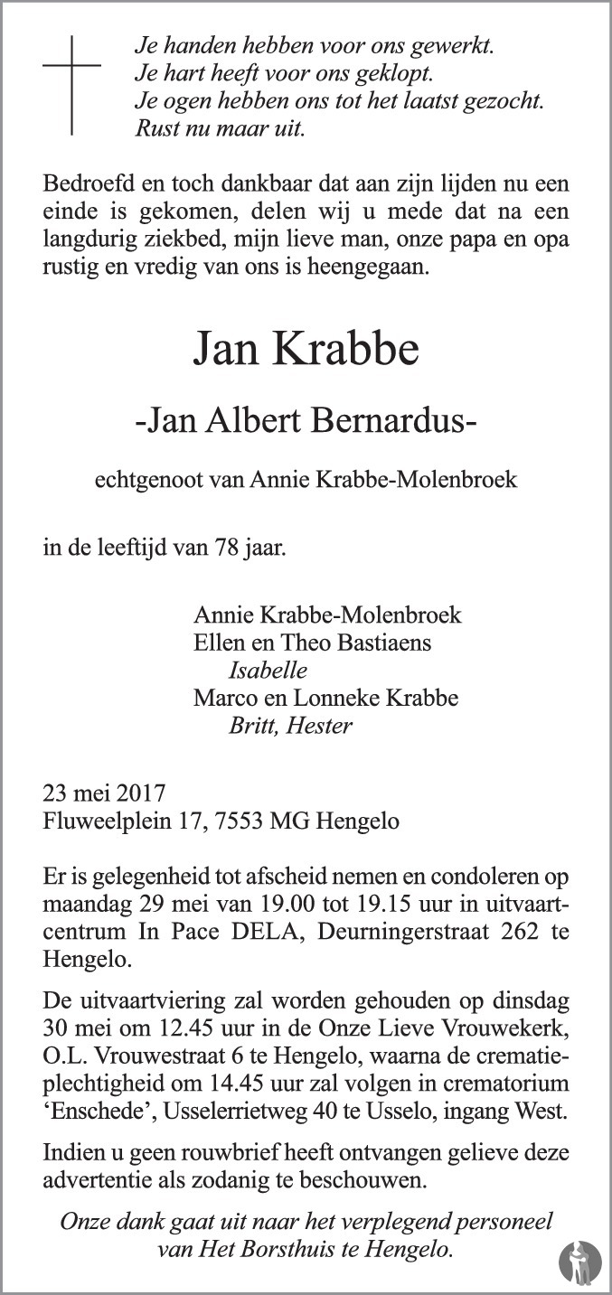 Jan Albert Bernardus (Jan) Krabbe 23-05-2017 overlijdensbericht en ...