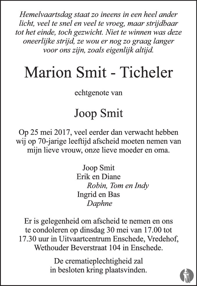 Marion Smit - Ticheler 25-05-2017 overlijdensbericht en condoleances ...