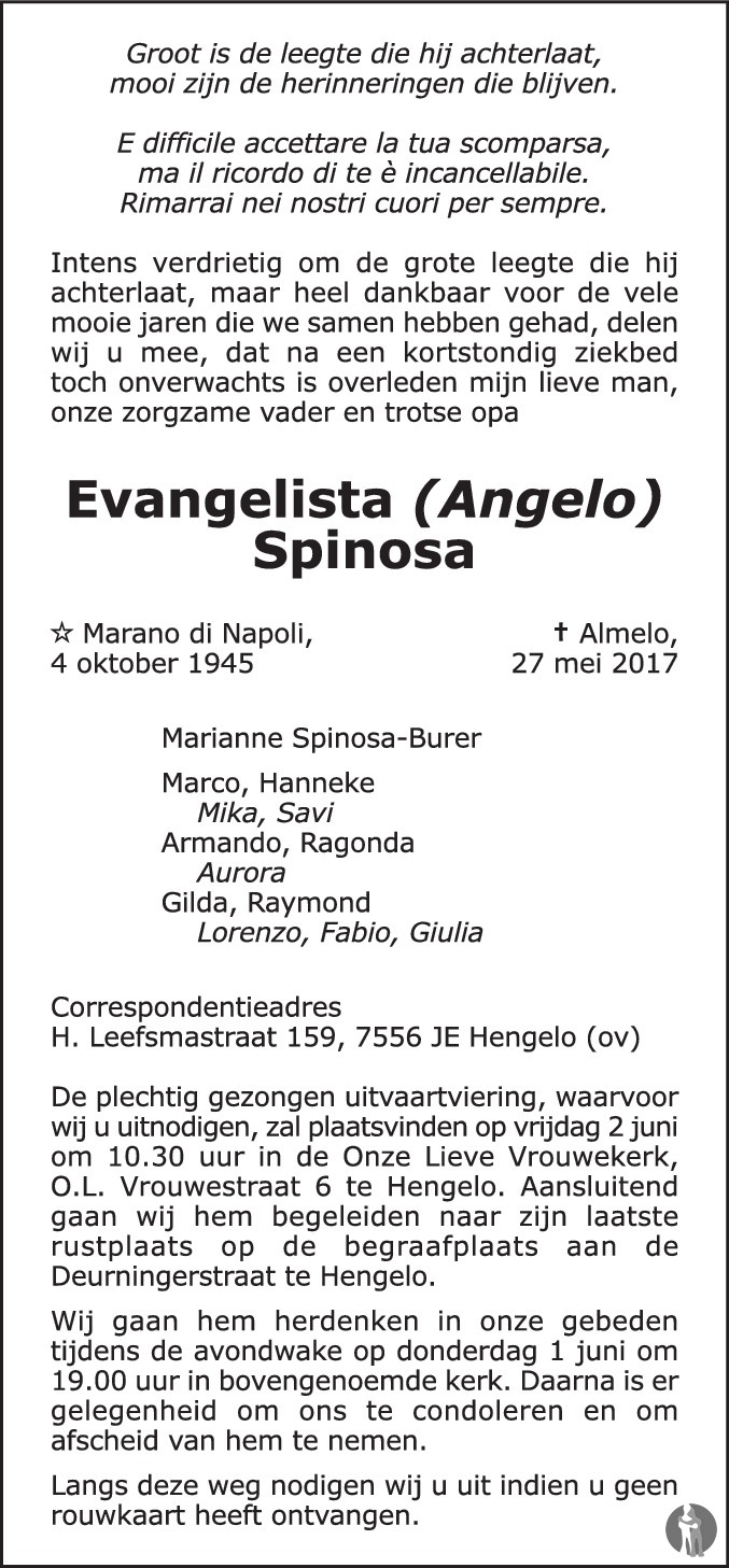 Evangelista (Angelo) Spinosa 27-05-2017 overlijdensbericht en ...