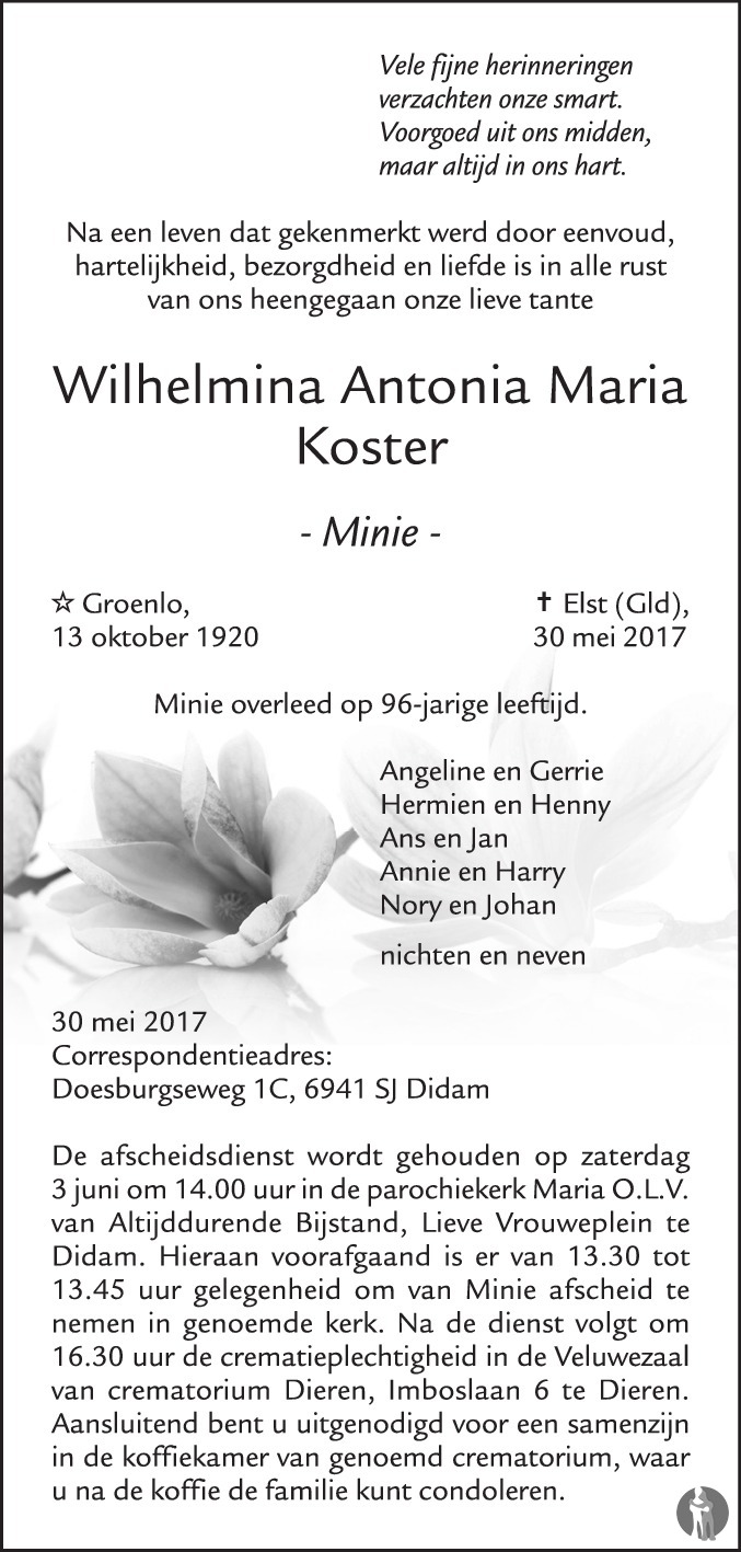 Wilhelmina Antonia Maria (Minie) Koster 30-05-2017 overlijdensbericht ...