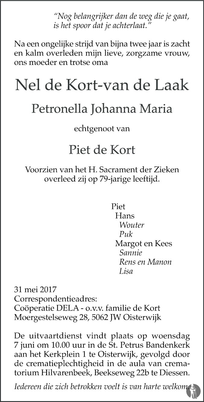 Petronella Johanna Maria (Nel) de Kort - van de Laak 31-05-2017 ...