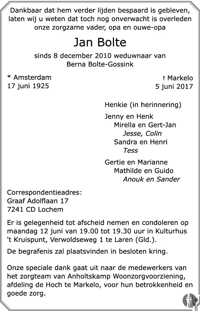 Jan Bolte 05-06-2017 overlijdensbericht en condoleances - Mensenlinq.nl