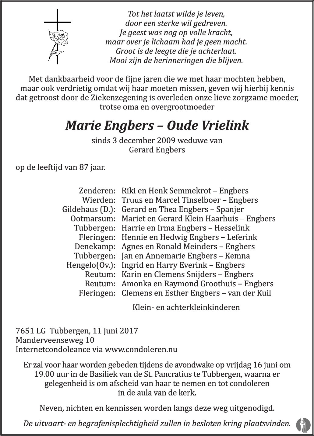 Marie Engbers - Oude vrielink 11-06-2017 overlijdensbericht en condoleances - Mensenlinq.nl