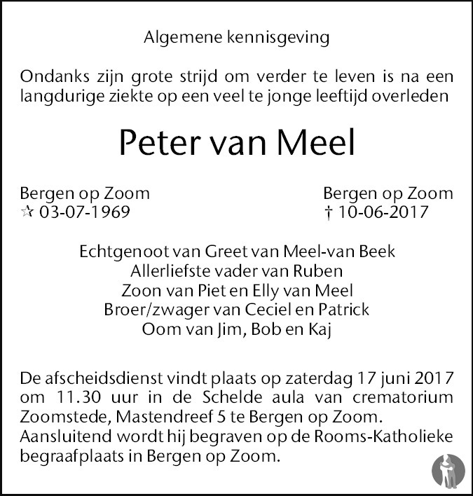 Peter van Meel 10-06-2017 overlijdensbericht en condoleances ...