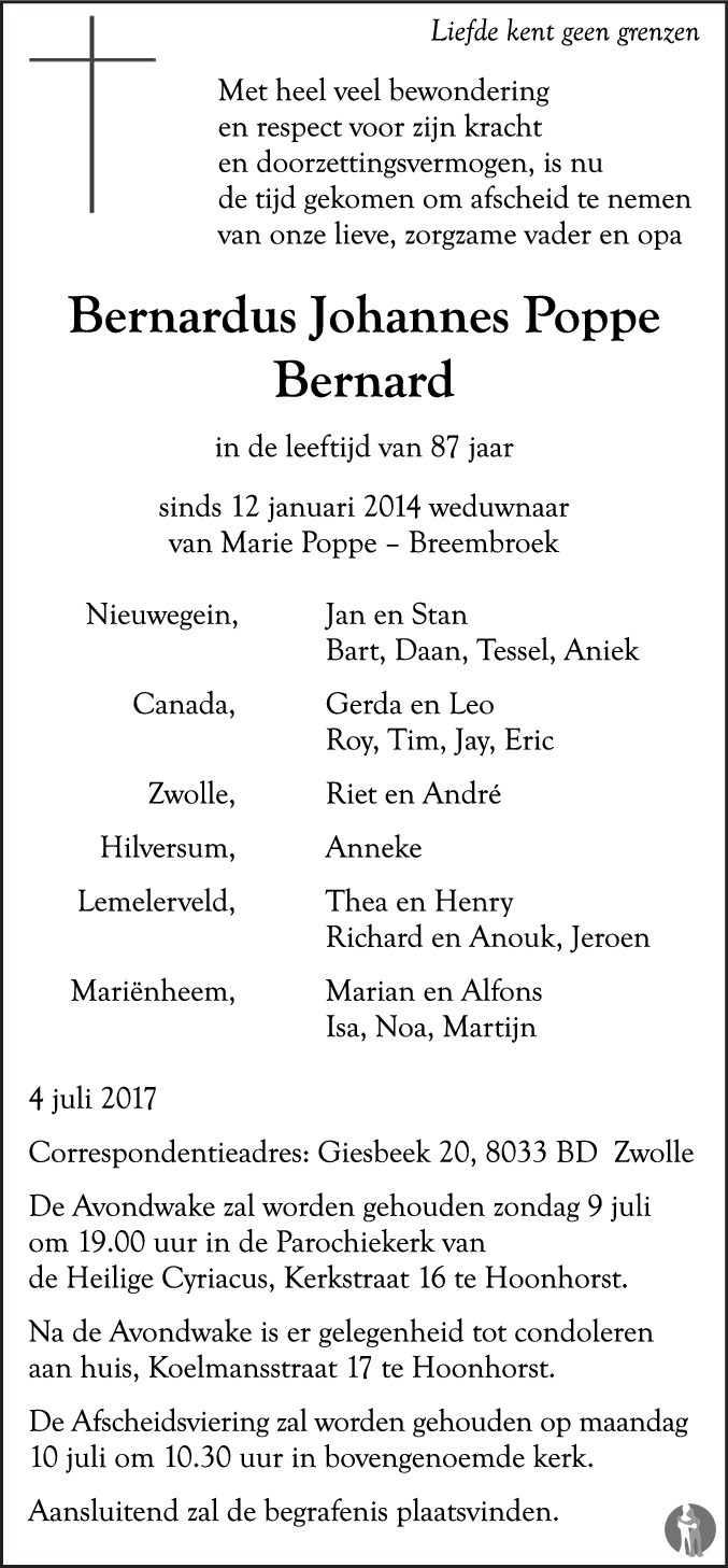 Bernardus Johannes (Bernard) Poppe 04-07-2017 overlijdensbericht en condoleances - Mensenlinq.nl