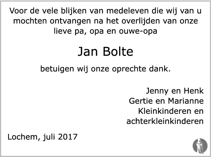 Jan Bolte 05-06-2017 overlijdensbericht en condoleances - Mensenlinq.nl