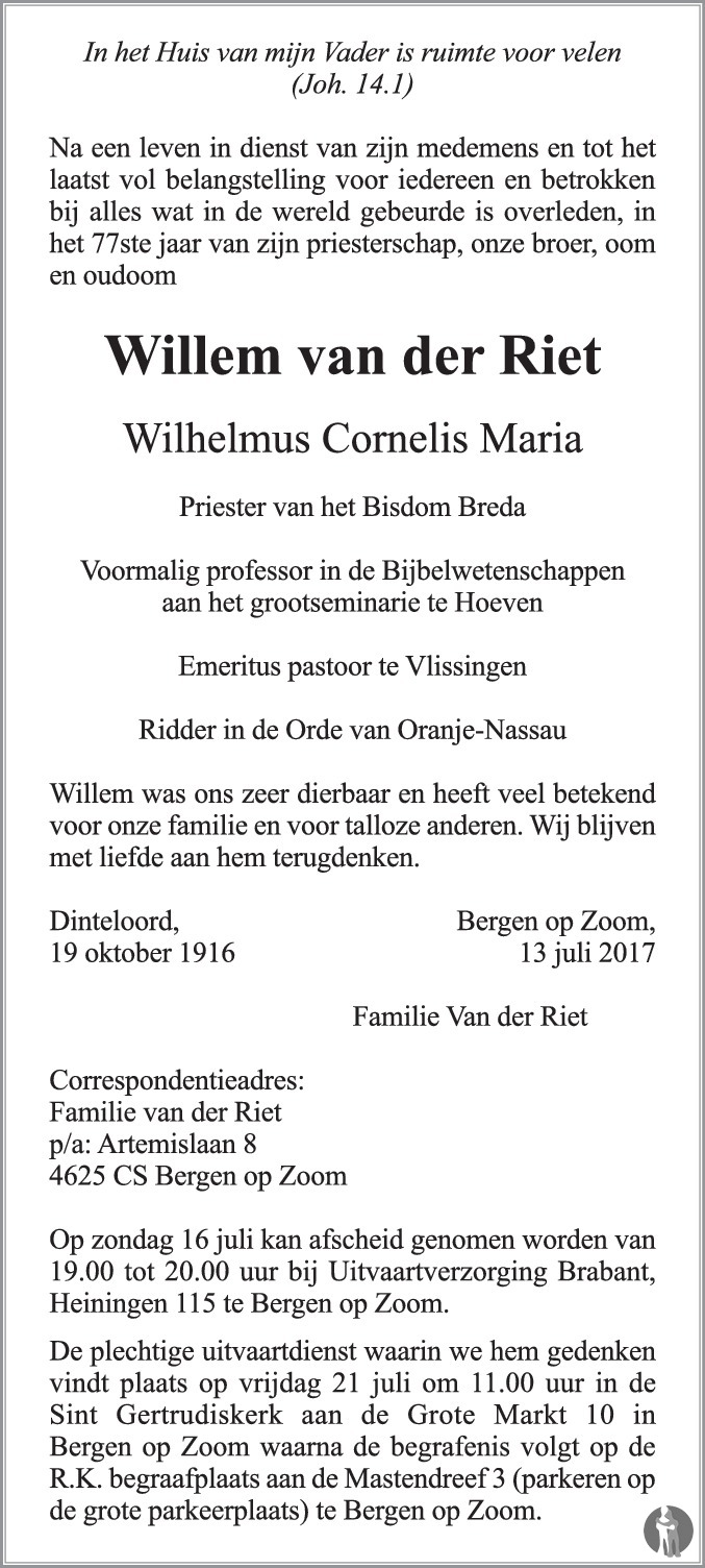 Wilhelmus Cornelis Maria (Willem) van der Riet 13-07-2017 ...