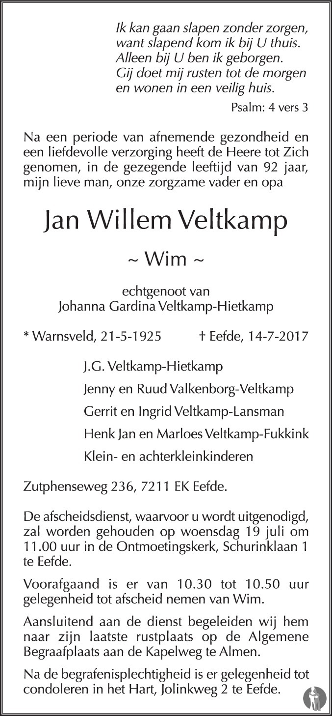 Jan Willem (Wim) Veltkamp 14-07-2017 overlijdensbericht en condoleances ...