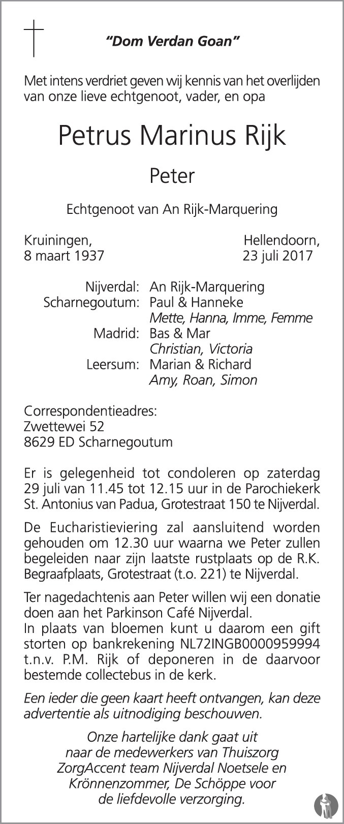 Petrus Marinus (Peter) Rijk 23-07-2017 overlijdensbericht en ...