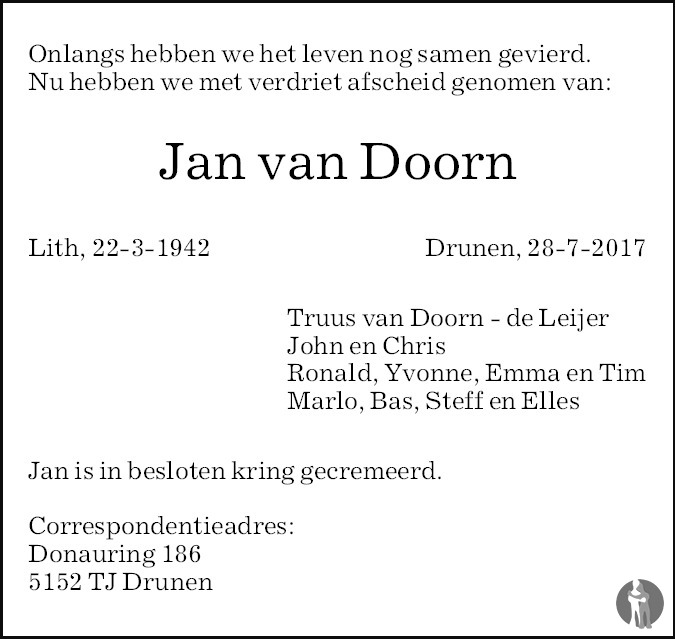 Jan van Doorn 28-07-2017 overlijdensbericht en condoleances - Mensenlinq.nl