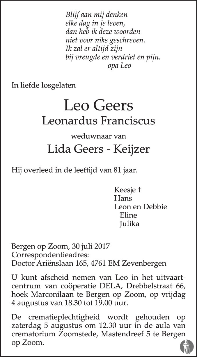 Leonardus Franciscus (Leo) Geers 30-07-2017 overlijdensbericht en ...