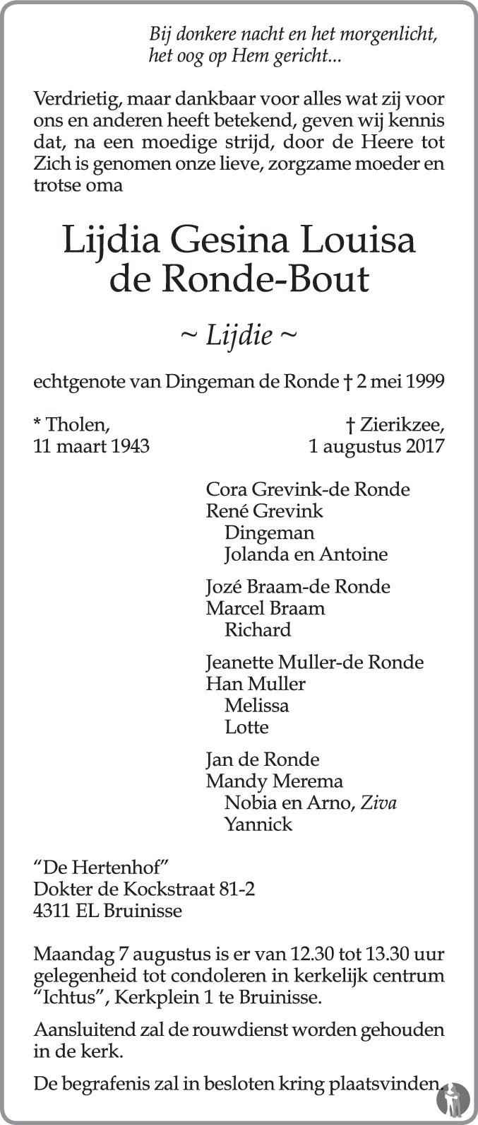 Lijdia Gesina Louisa (Lijdie) de Ronde - Bout 01-08-2017 ...